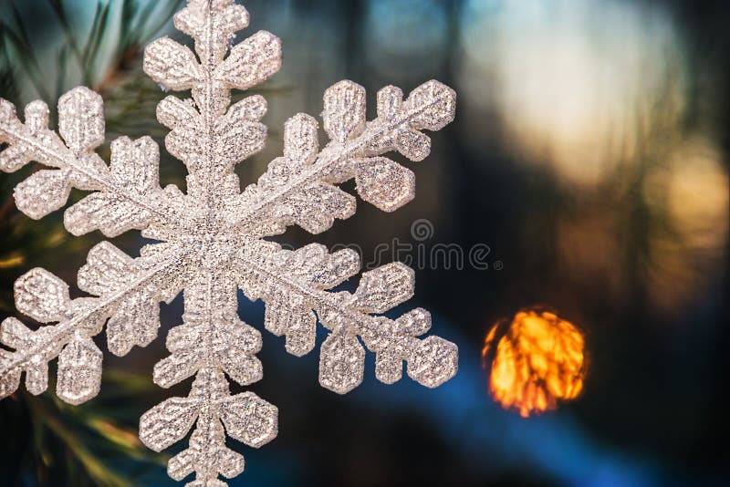 Snowflake Snowy Forest at Sunset. Christmas Decorations Stock Photo ...