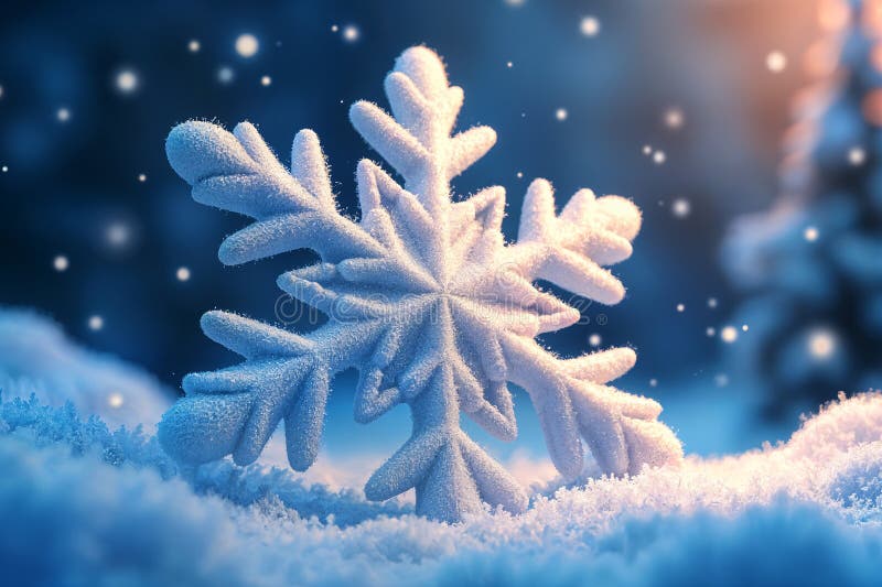 Snowflake on Snowy Ground with Trees and Falling Snow Stock ...