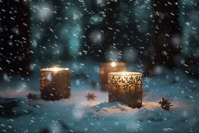 Snowflakes Falling on Illuminated Outdoor Candles Stock Illustration ...