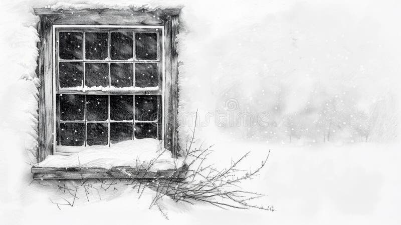 A Quiet Winter Window Scene Showcasing Soft Snowfall and Snow-covered ...