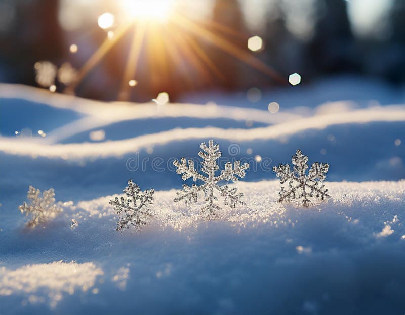 Snowflakes Illuminated by Sunlight, Gently Falling on a Bed of ...