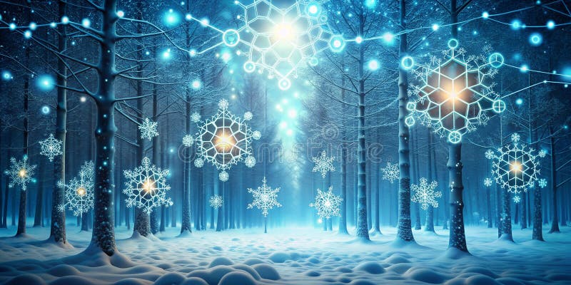 Snowflakes Spiral in Glowing Winter Forest Futuristic Molecular ...