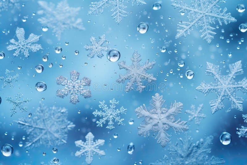 Snowflakes and Water Drops on Blue Background, Close-up Stock ...
