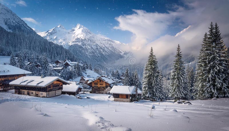Snowing on an Alpine Village, AI Generated Stock Illustration ...