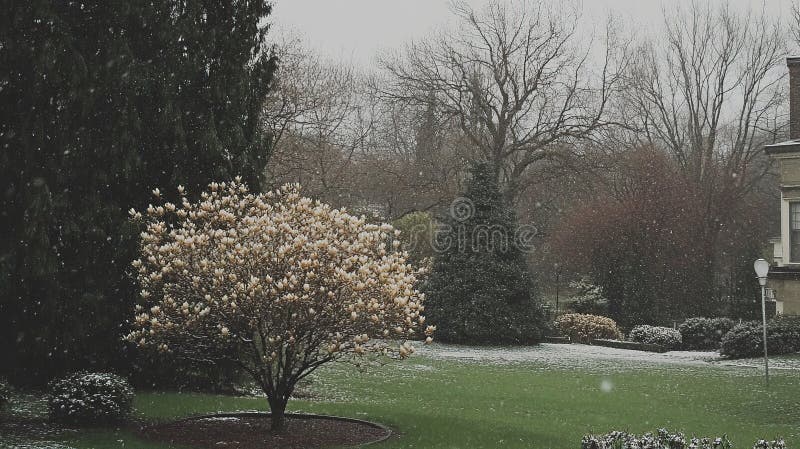Snowing on Magnolia Tree in Garden, Building Background, Spring Stock ...