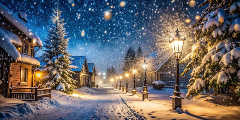 Snowing at Night and Back Light for a Magical Effect Stock Illustration ...