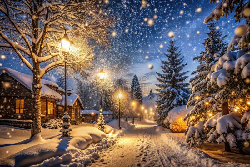 Snowing at Night and Back Light for a Magical Effect Stock Illustration ...