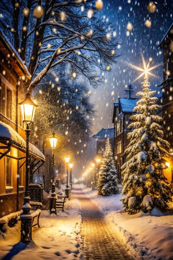 Snowing at Night and Back Light for a Magical Effect Stock Illustration ...