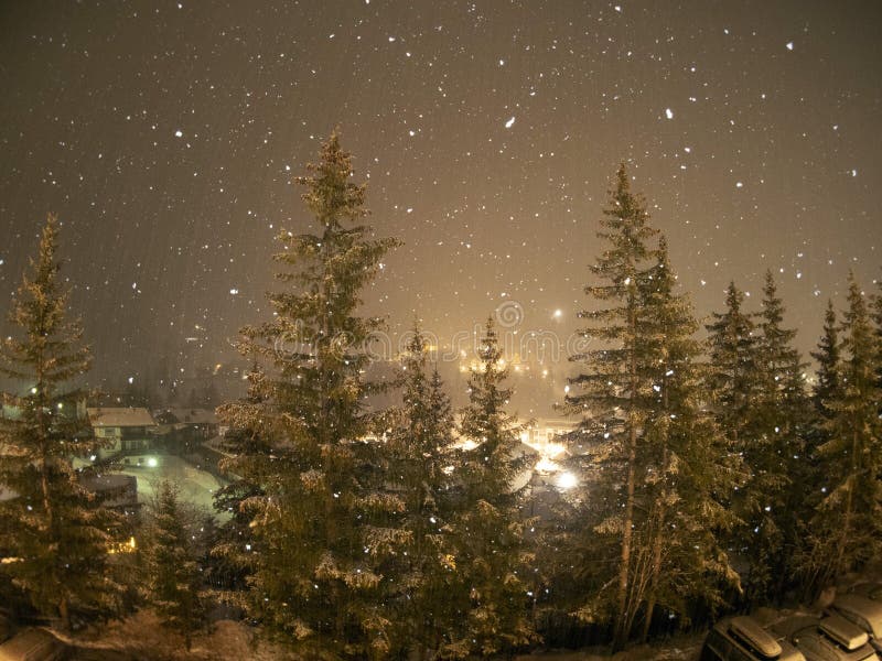 Snowing at Night in Dolomites Mountains Stock Image - Image of dark ...
