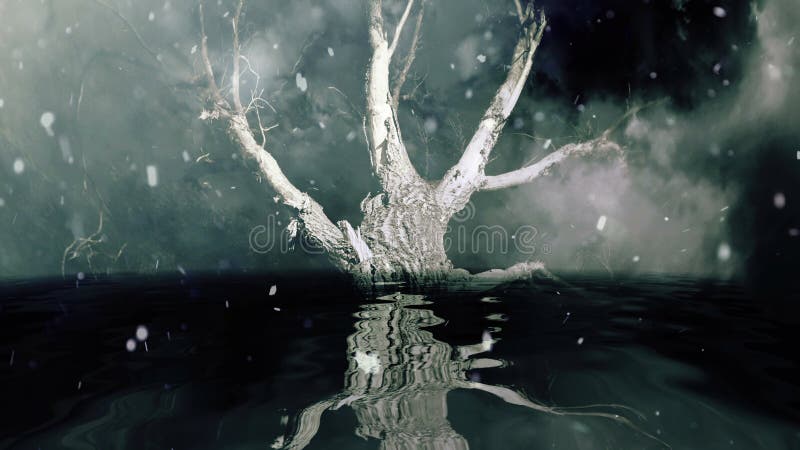 Snowing Over Lonely Tree Reflecting in Water Stock Photo - Image of ...
