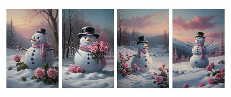 Oil Painting of Snowman with Pink Roses in Soft Tonal Landscape ...