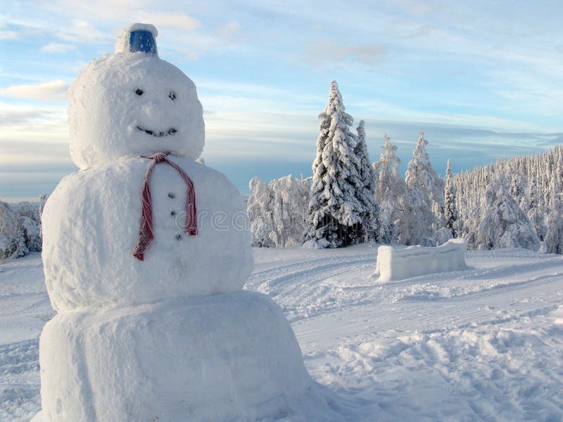 Snowman in a Winter Landscape Stock Photo - Image of blue, snowman ...