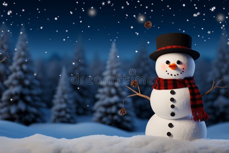 Snowman Amidst Falling Snow, Nestled by Tranquil Pine Tree Scenery ...
