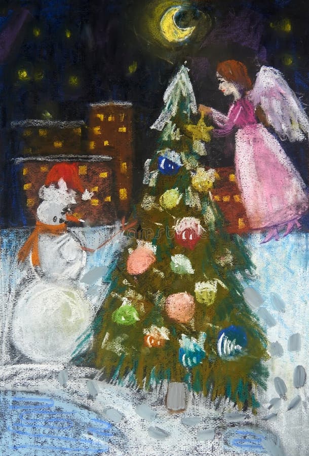 Snowman and an Angel Decorating a New Year Tree Stock Illustration ...