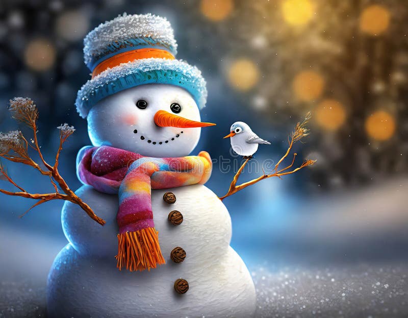 Snowman and Bird in Winter Night Stock Illustration - Illustration of ...
