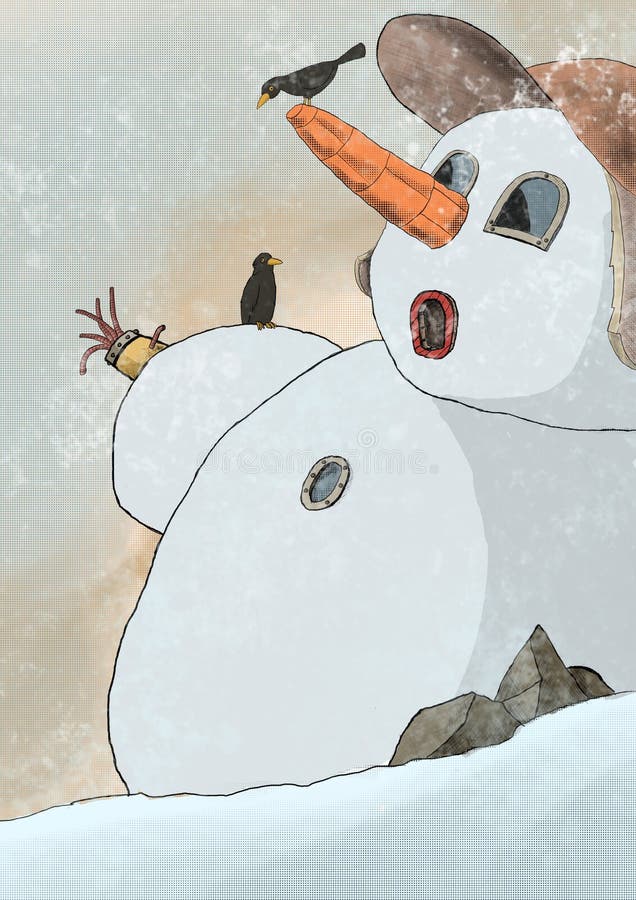 Snowman and birds stock illustration. Illustration of bird - 133915495