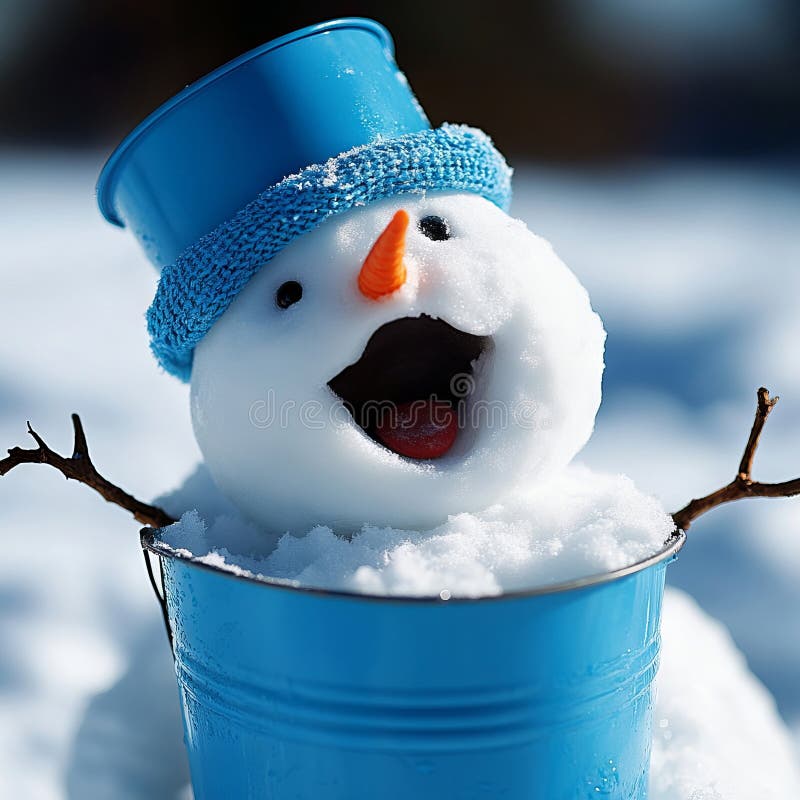 A Snowman in a Blue Bucket with a Blue Hat Stock Photo - Image of ...