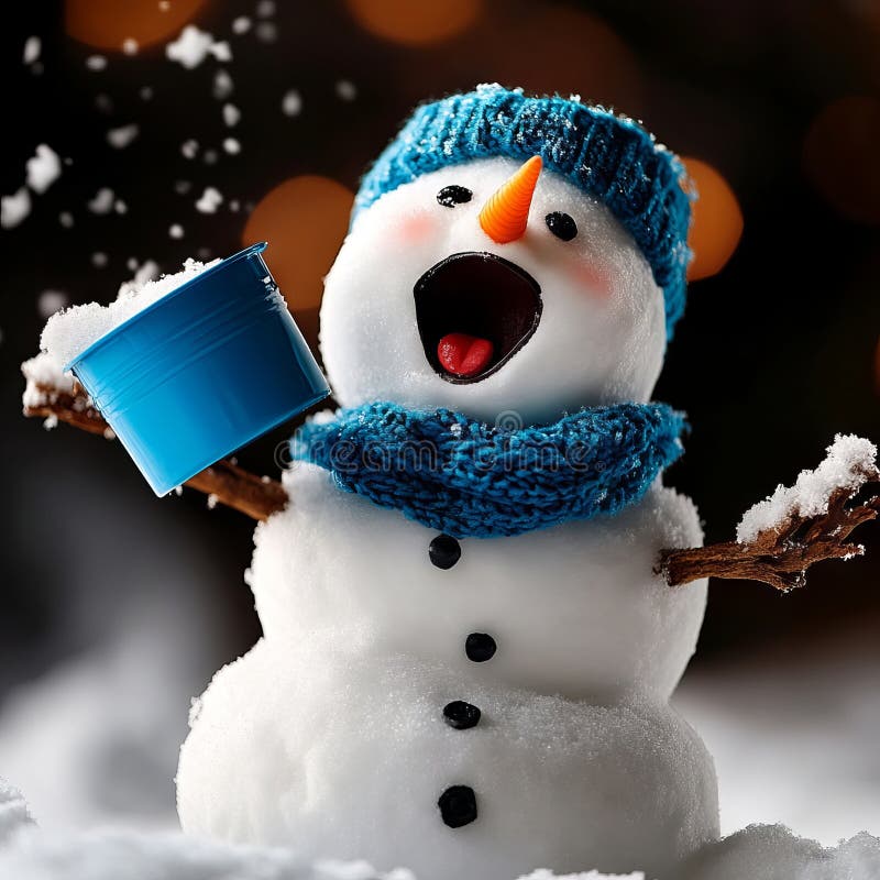 A Snowman with a Blue Hat and Scarf Holding a Blue Bucket Stock Photo ...