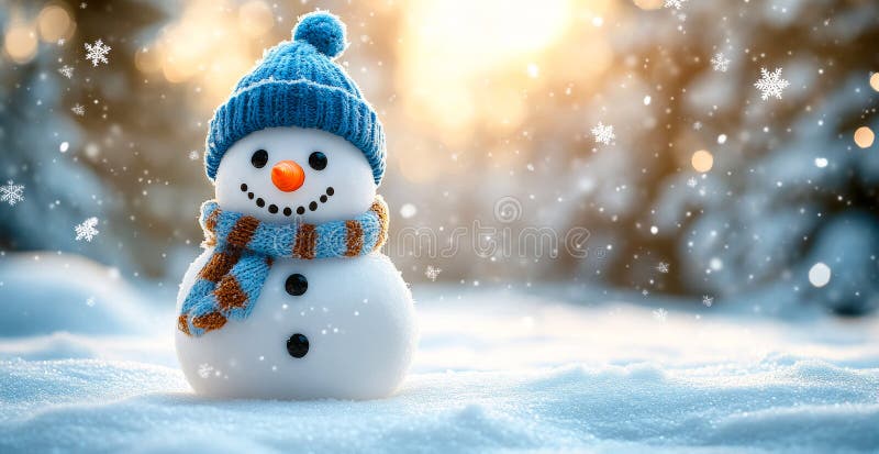 A Snowman with a Blue Hat and Scarf is Standing in the Snow Stock Photo ...