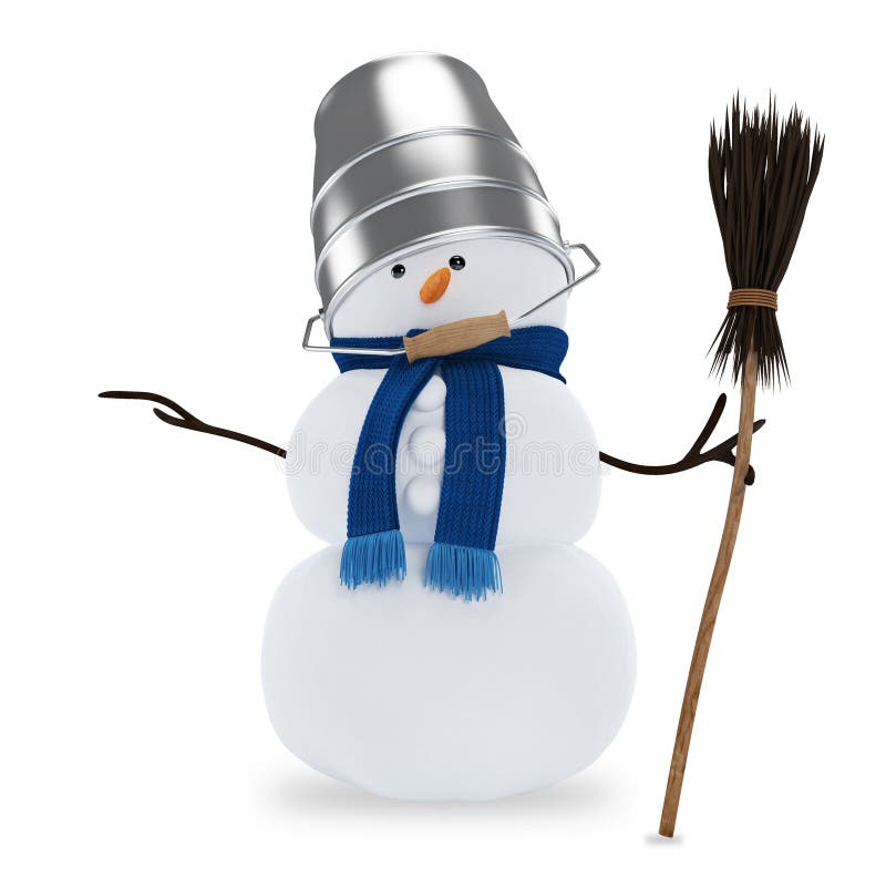 Snowman with a Bucket and a Broom Stock Illustration - Illustration of ...
