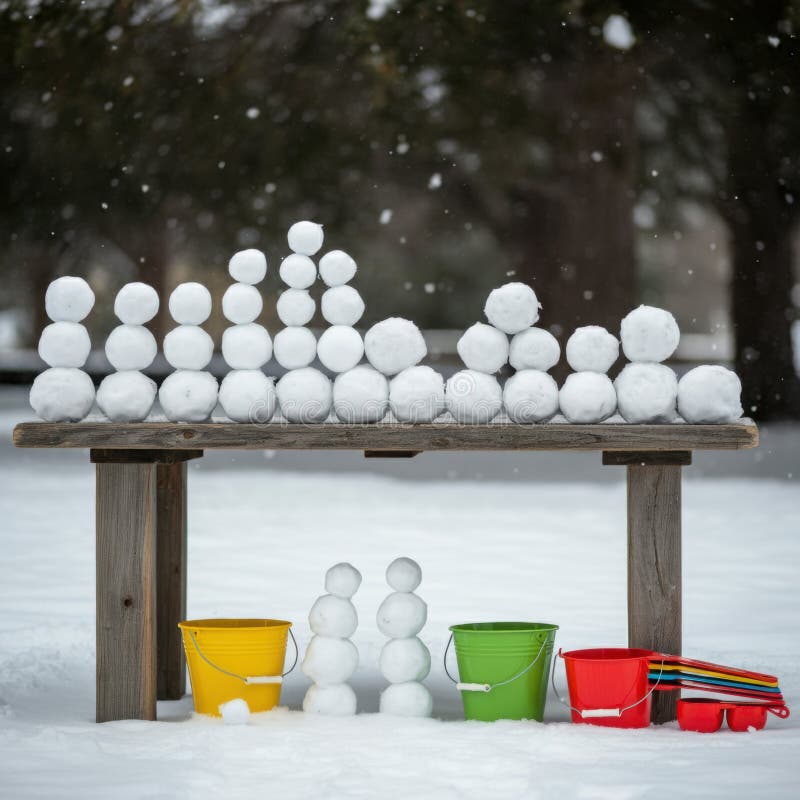 Snowman Building Fun with Buckets and Snowballs. AI-Generated Stock ...
