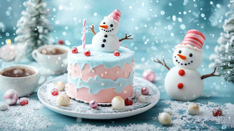 Snowman Cake with Hot Chocolate and Snow Falling Stock Illustration ...