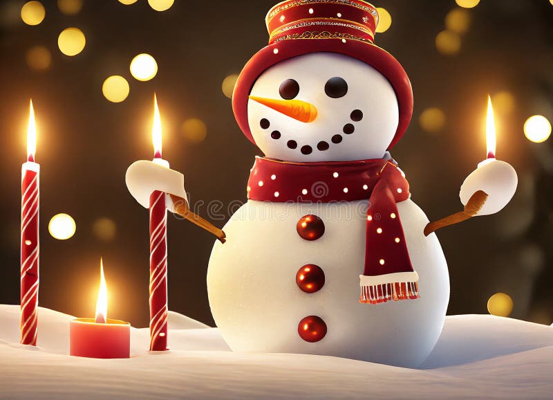 Snowman with Candles and Festive Christmas Lights Stock Illustration ...