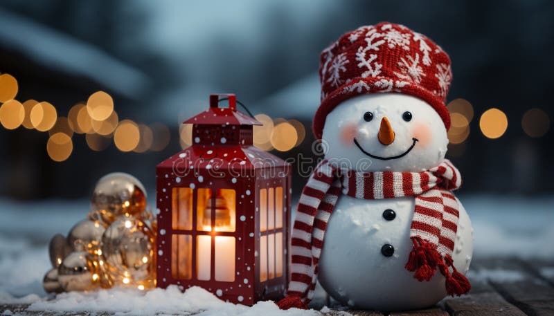 Snowman Celebrates Winter Night with Illuminated Lantern and Christmas ...