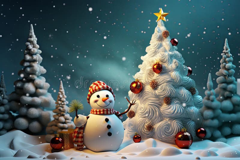 A Snowman and Christmas Tree. Horizontal Location Stock Image - Image ...