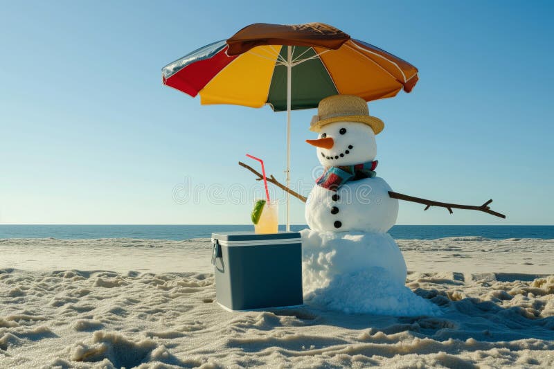 Snowman with a Cooler and Drink, Relaxing Under a Beach Umbrella Stock ...