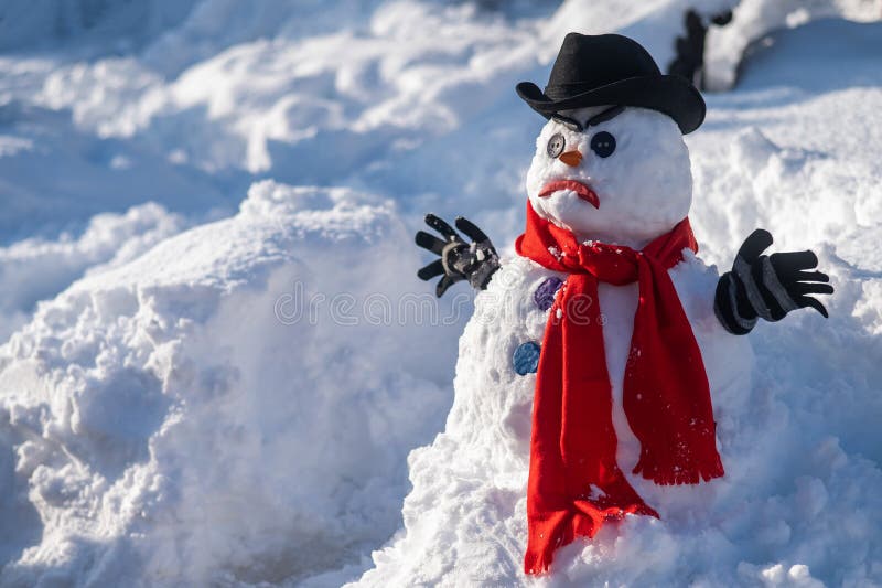 A Snowman with a Creepy Grimace in a Hat and Scarf. Stock Photo - Image ...