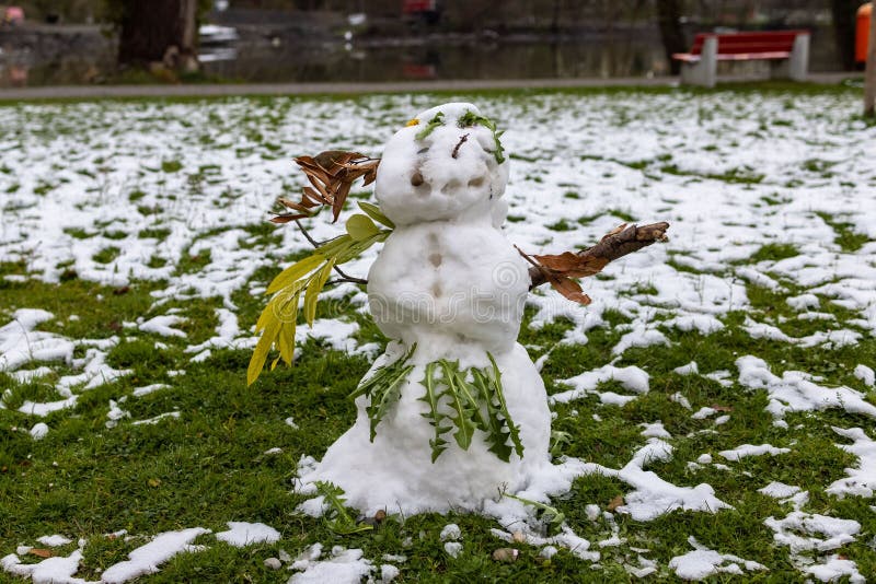 Snowman Decorated with Branches in a Park Stock Image - Image of branch ...