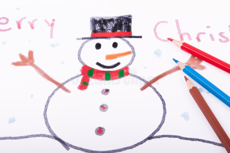 Snowman drawn with crayons stock photo. Image of white - 62907464