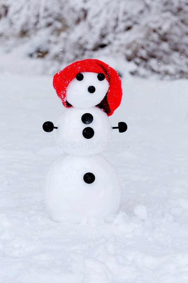 Snowman Dressed with Red Scarf and Hat in the Snow Outside Under the ...