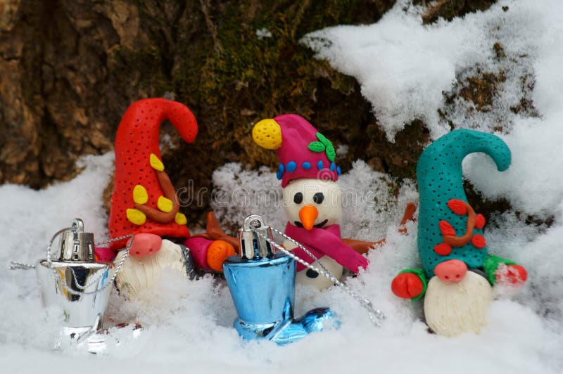 Snowman and Dwarf Figures in the Winter Forest Stock Photo - Image of ...