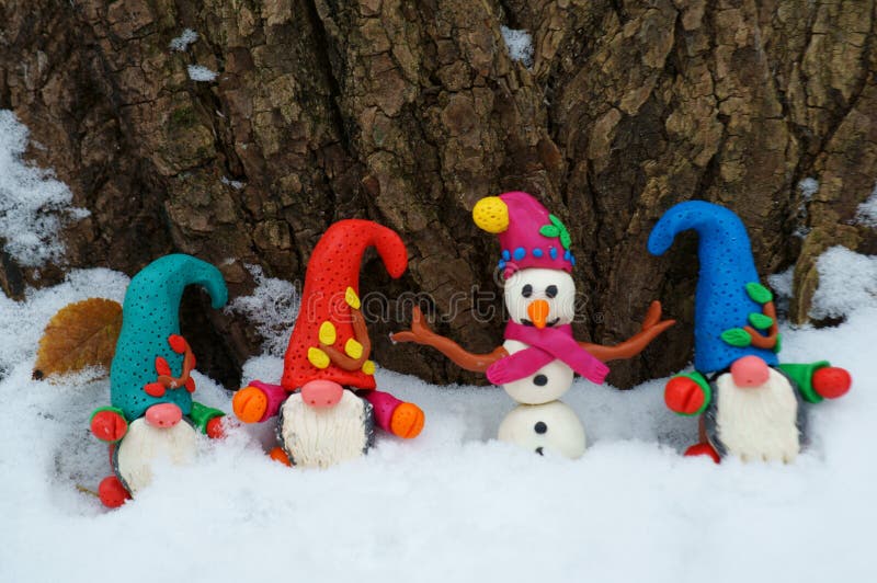 Snowman and Dwarf Figures in the Winter Forest Stock Image - Image of ...