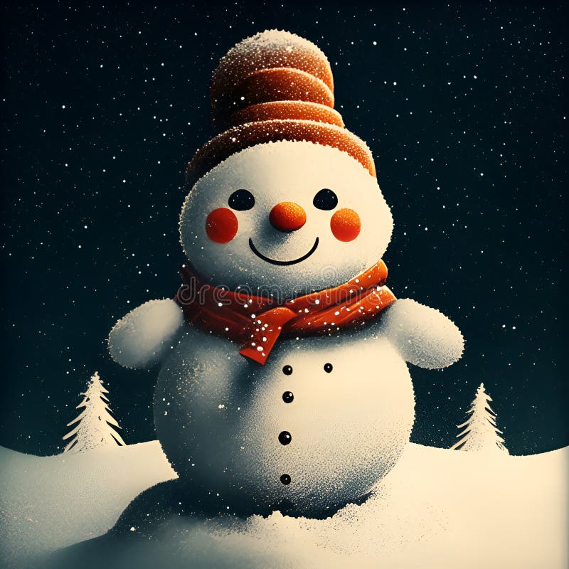 Snowman and Falling Snow at Night Stock Illustration - Illustration of ...