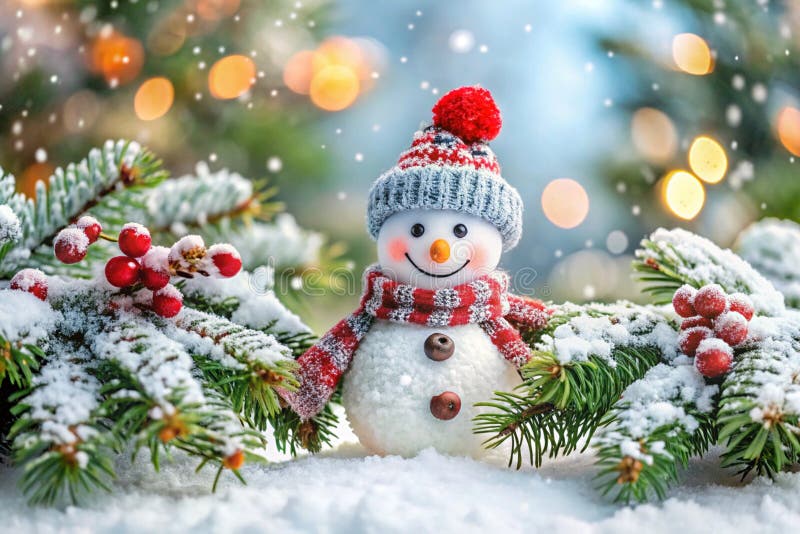 Snowman with Fir Branches Covered in Snow Stock Illustration ...