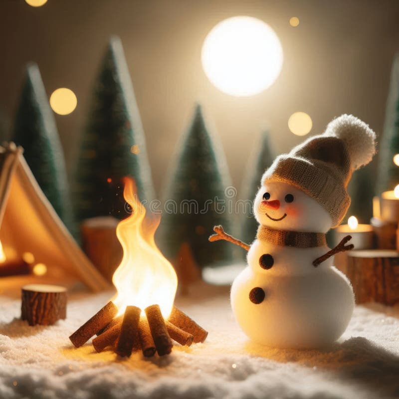A Snowman by a Fire in the Forest in Winter. Stock Image - Image of ...
