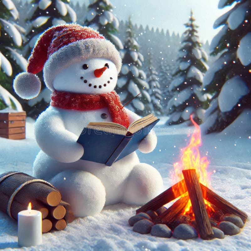 A Snowman by the Fire Reads a Book in the Winter Forest. Stock Photo ...