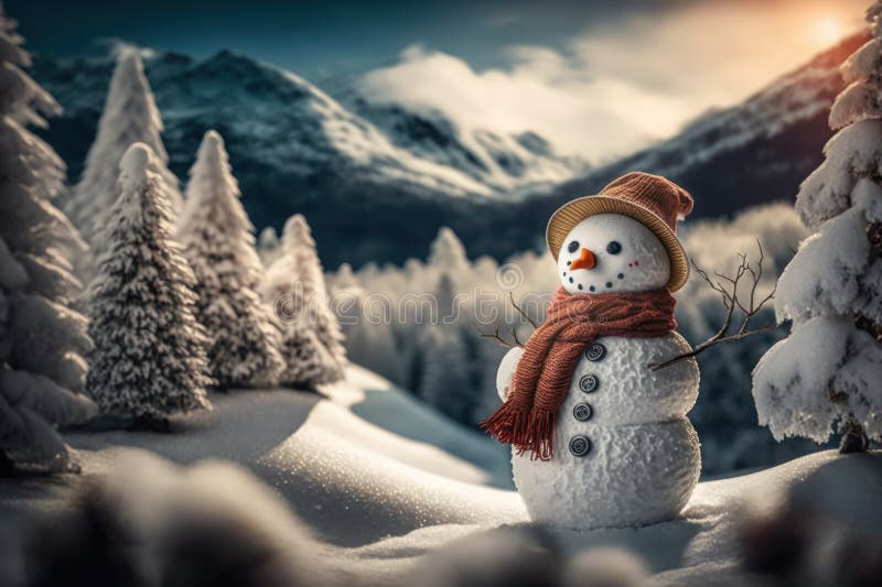 Snowman Forest and Mountain Background. Christmas Concept. Generative ...