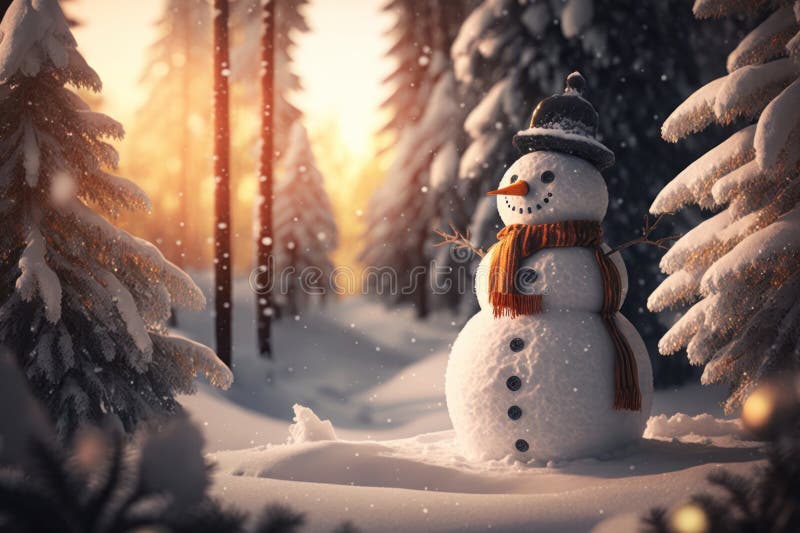 Snowman Forest and Mountain Background. Christmas Concept. Generative ...