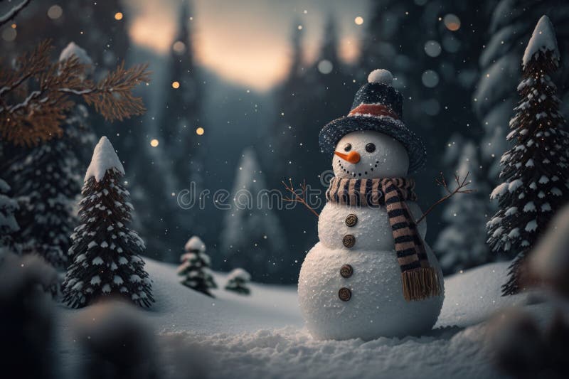 Snowman Forest and Mountain Background. Christmas Concept. Generative ...