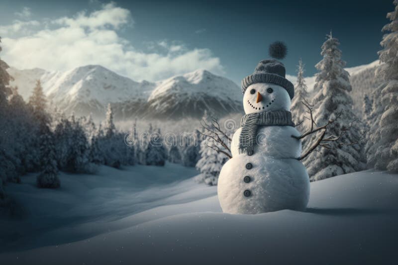 Snowman Forest and Mountain Background. Christmas Concept. Generative ...