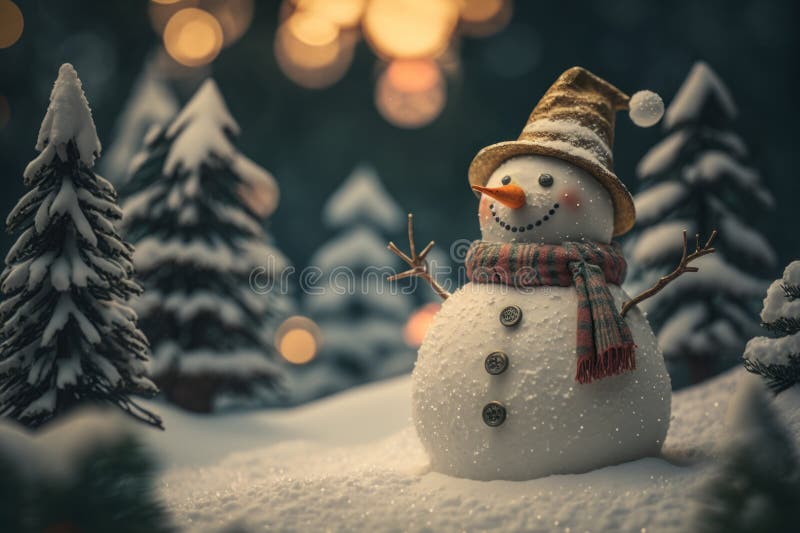 Snowman Forest and Mountain Background. Christmas Concept. Generative ...