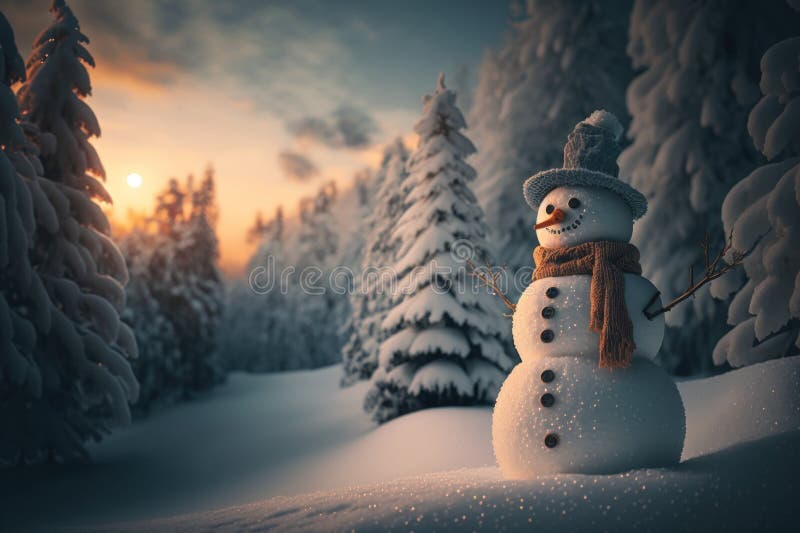 Snowman Forest and Mountain Background. Christmas Concept. Generative ...