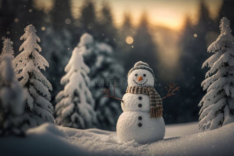 Snowman Forest and Mountain Background. Christmas Concept. Generative ...