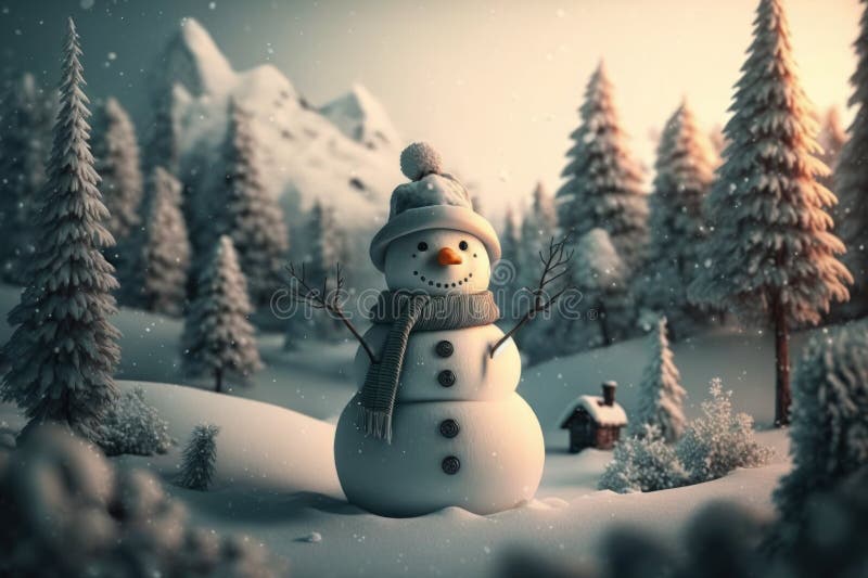 Snowman Forest and Mountain Background. Christmas Concept. Generative ...