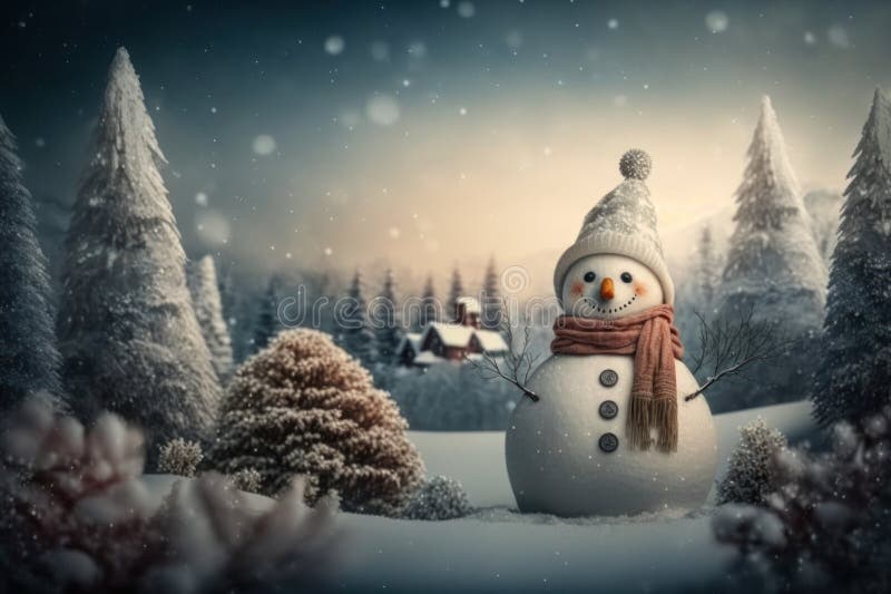 Snowman Forest and Mountain Background. Christmas Concept. Generative ...