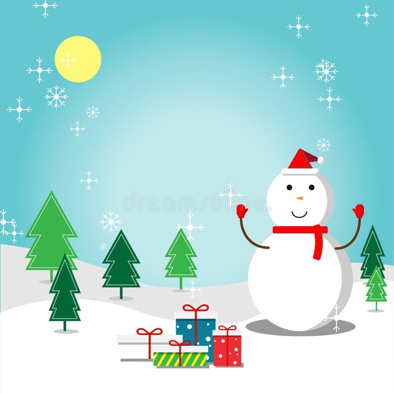Snowman and Gift Box with Snow, Merry Christmas, Vector Illustration ...